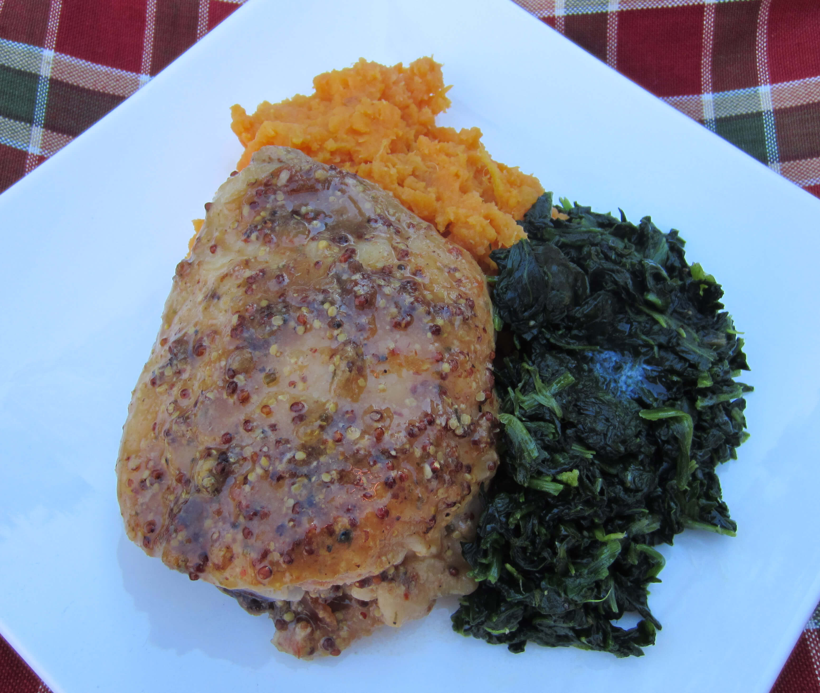 Smoky Maple-Mustard Chicken with Sweet Potato Mash and Buttered Spinach ...
